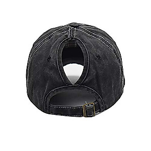 Distressed Ponytail Hat for Women American-Flag Pony Tail Caps High Bun (Black+Grey, Adjustable)