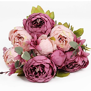 Flojery Silk Peony Bouquet Vintage Artificial Peonies Flower for Home Wedding Party Decor (1pcs, Bean/Peach)