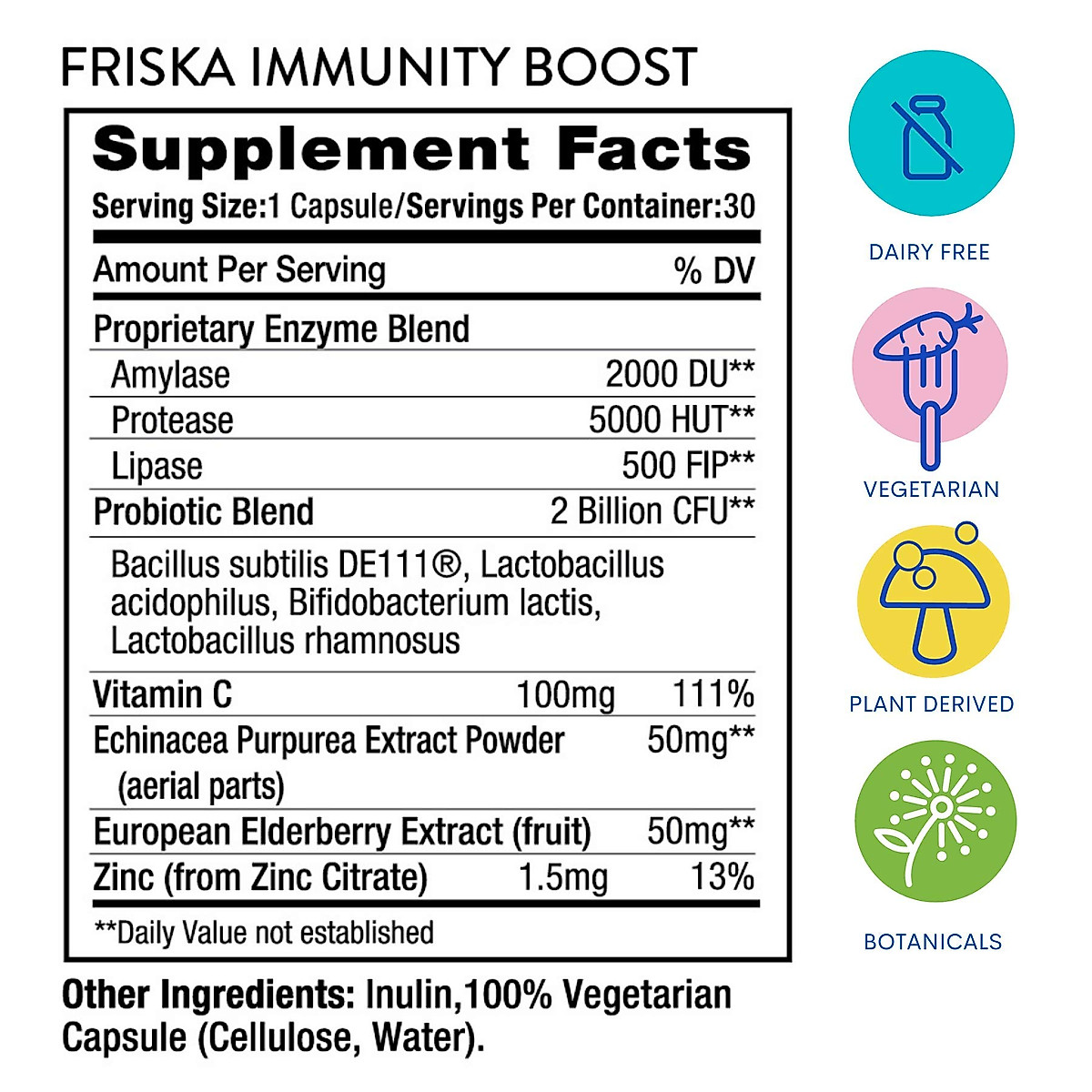 Friska Immunity Boost | Probiotic and Digestive Enzyme Supplement with Elderberry, Vitamin C and Echinacea | Natural Immune Support | 30 Capsules
