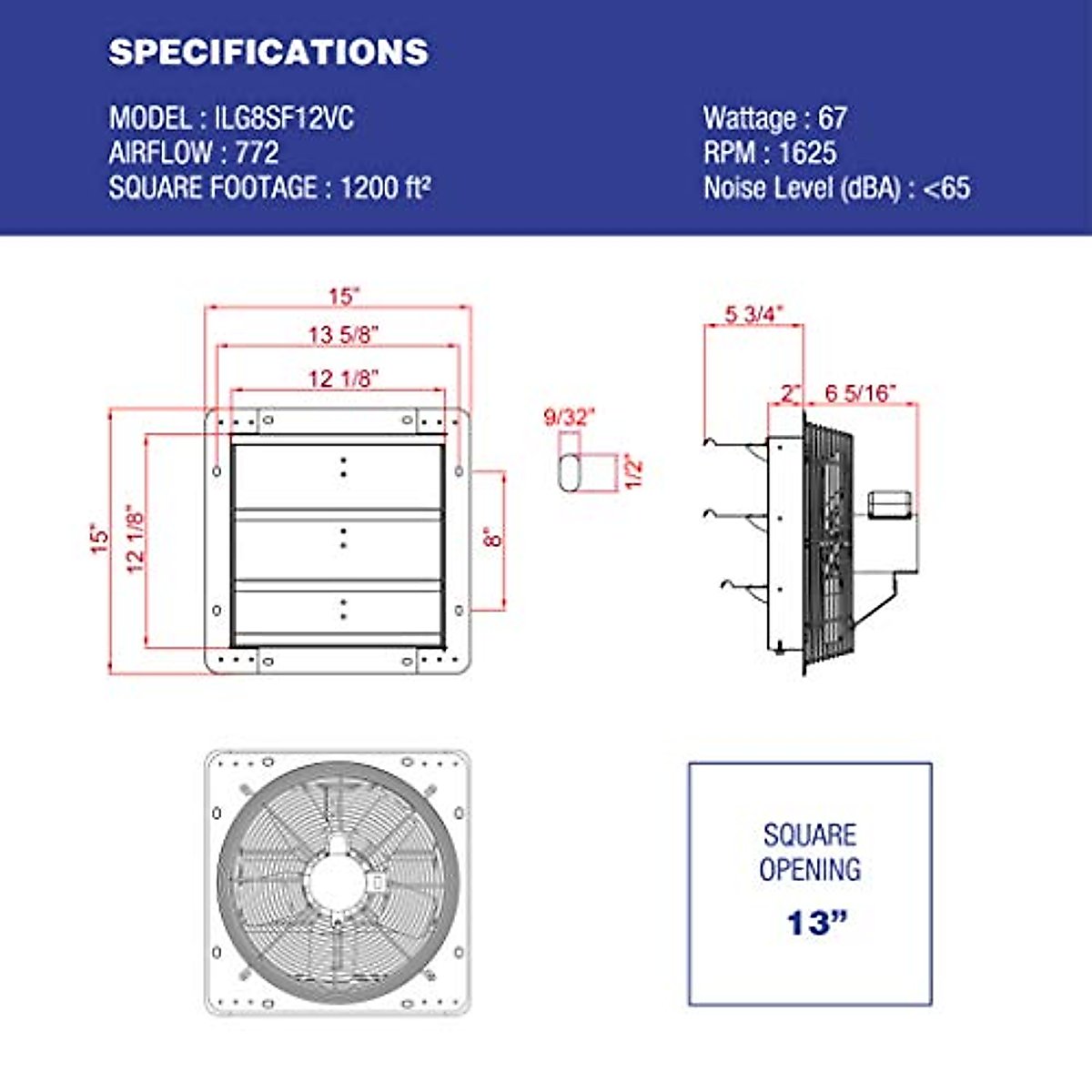iLiving 12" Shutter Exhaust Fan with Wireless Smart Remote Controlled Thermostat and Humidity, Variable Speed Wall Mounted Attic Vent Fan, Chicken Coop Ventilation, 960 CFM, 1400 SQF Coverage Area