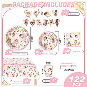 122PCS Fairy Party Supplies for Girls 1st 2rd First Birthday Fairies Enchanted Themed Baby Shower Party Decorations Garden flower Tableware Disposable Paper Plates Napkins Forks Knife for 20 Guests