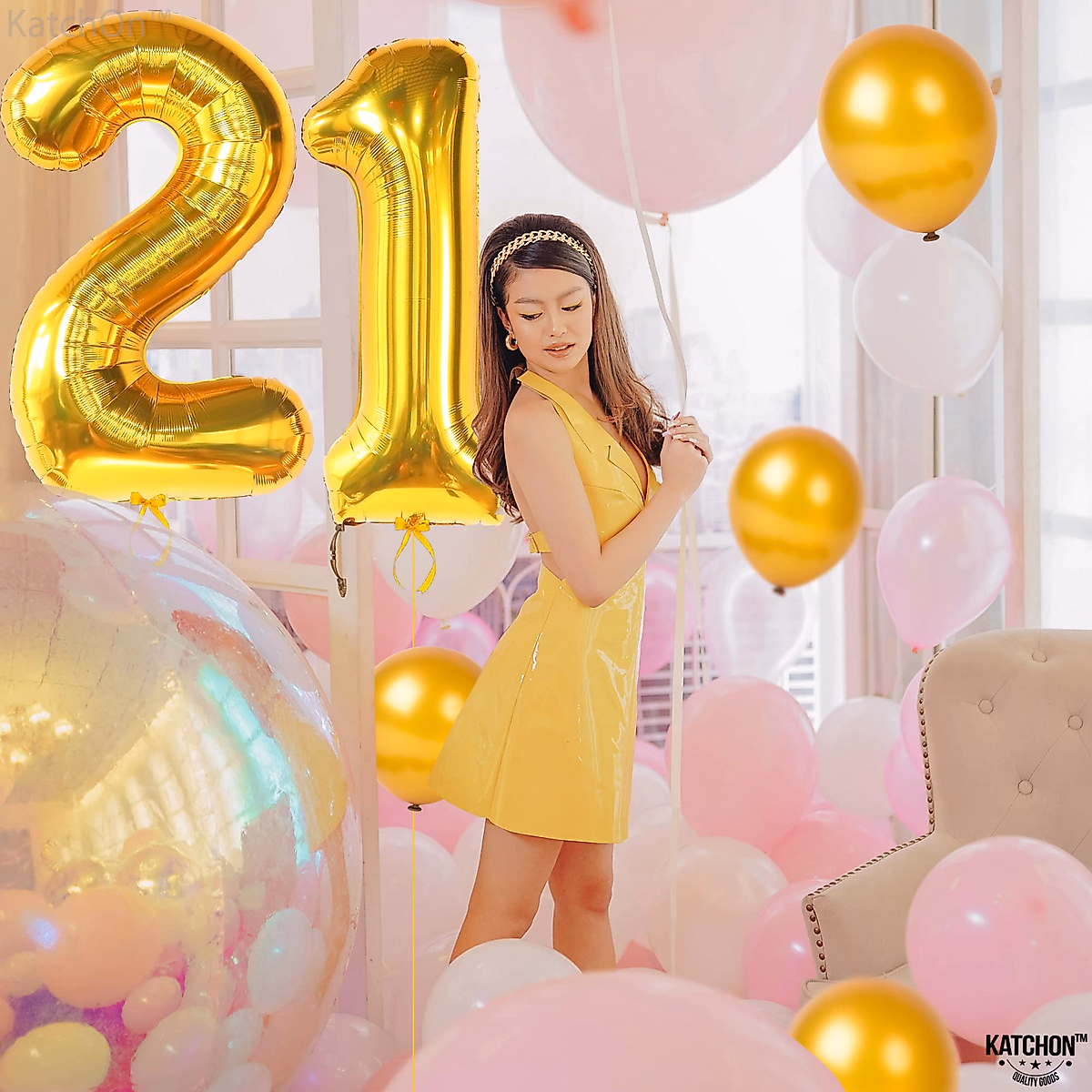 KatchOn, Giant Gold Number 21 Balloon - Pack of 3 | Gold 21 Birthday Balloon, 21st Birthday Backdrop | Happy 21st Birthday Banner Black and Gold for Happy 21st Birthday Decorations for Him