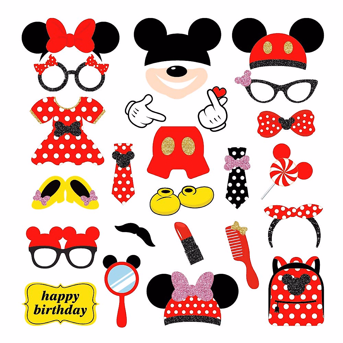 25PCS Mini Photo Booth Props with Stick, Cartoon Mouse Themed Party Selfie Props, Mouse Birthday Party Supplies, Mini Mouse Backdrop Decorations for Boy Girl Kids First 1st Bday Baby Shower