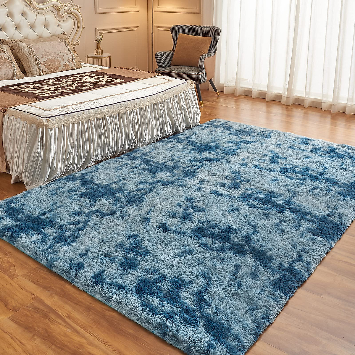 Arbosofe Area Rugs for Living Room Bedroom, 8X10 ft Tie dyed Blue Fluffy Fuzzy Shag Small Carpet Soft Plush Furry Clearance Rug, Cute Rugs for Nursery, Playroom, Kids and Girls Room