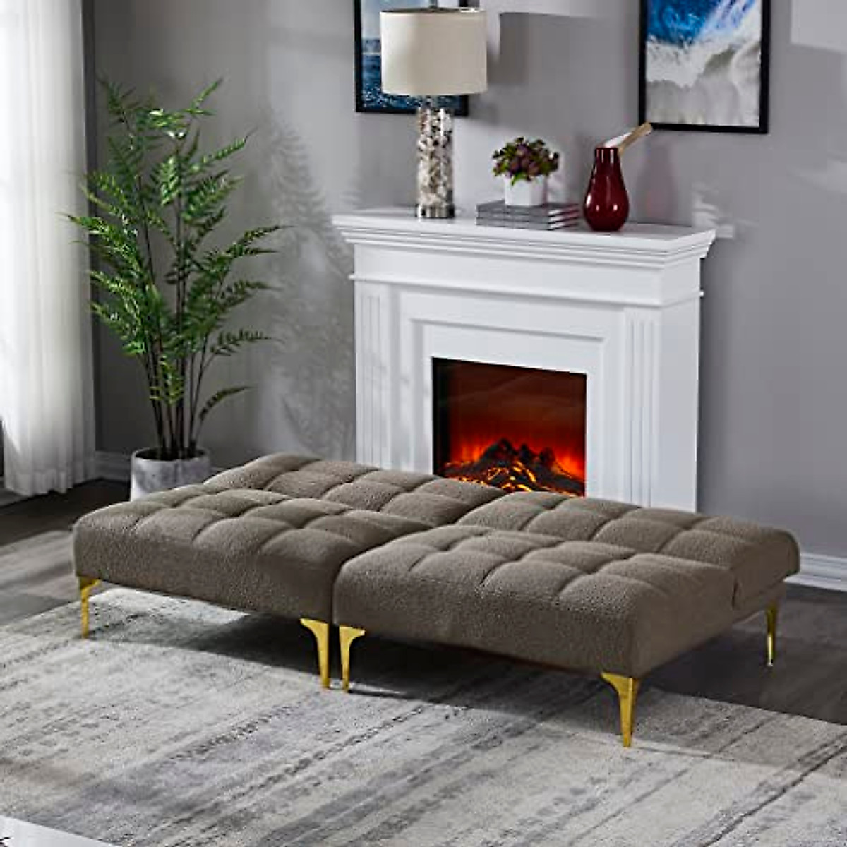 TARTOP Futon Couch Gold Metal Legs, Modern Multi-Functional Convertible Bed, Teddy Fabric, Small Sectional Sofa, Perfect for Living Room, Bedroom, Office, Apartment,Taupe