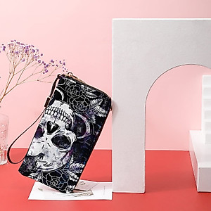 QSMX Wallets for Women Teen Girls Boys,Cool Skull Snake Rose Gothic Style Card Cash Envelope Clutch Bag Customize Leather Long Handbag Case with Removable Wristlet Chaines