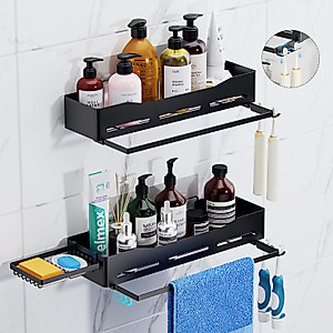 CLESOO Shower Caddy - 2 Pack No Drilling Adhesive Shower Rack with Soap Holder & 2 Toothbrush Holder - Rustproof Large Capacity Shower Organizer with Towel Rack for Bathroom, Kitchen Storage