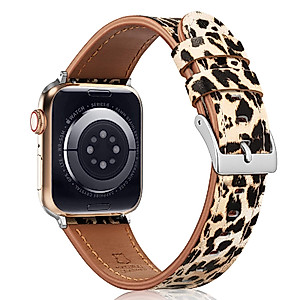Fintie Bands Compatible with Apple Watch 49mm 46mm 45mm 44mm 42mm(Series 3 2 1) iWatch Ultra, SE Series 1-10, Genuine Leather Band Replacement Accessories Strap Wristband, Classic Leopard