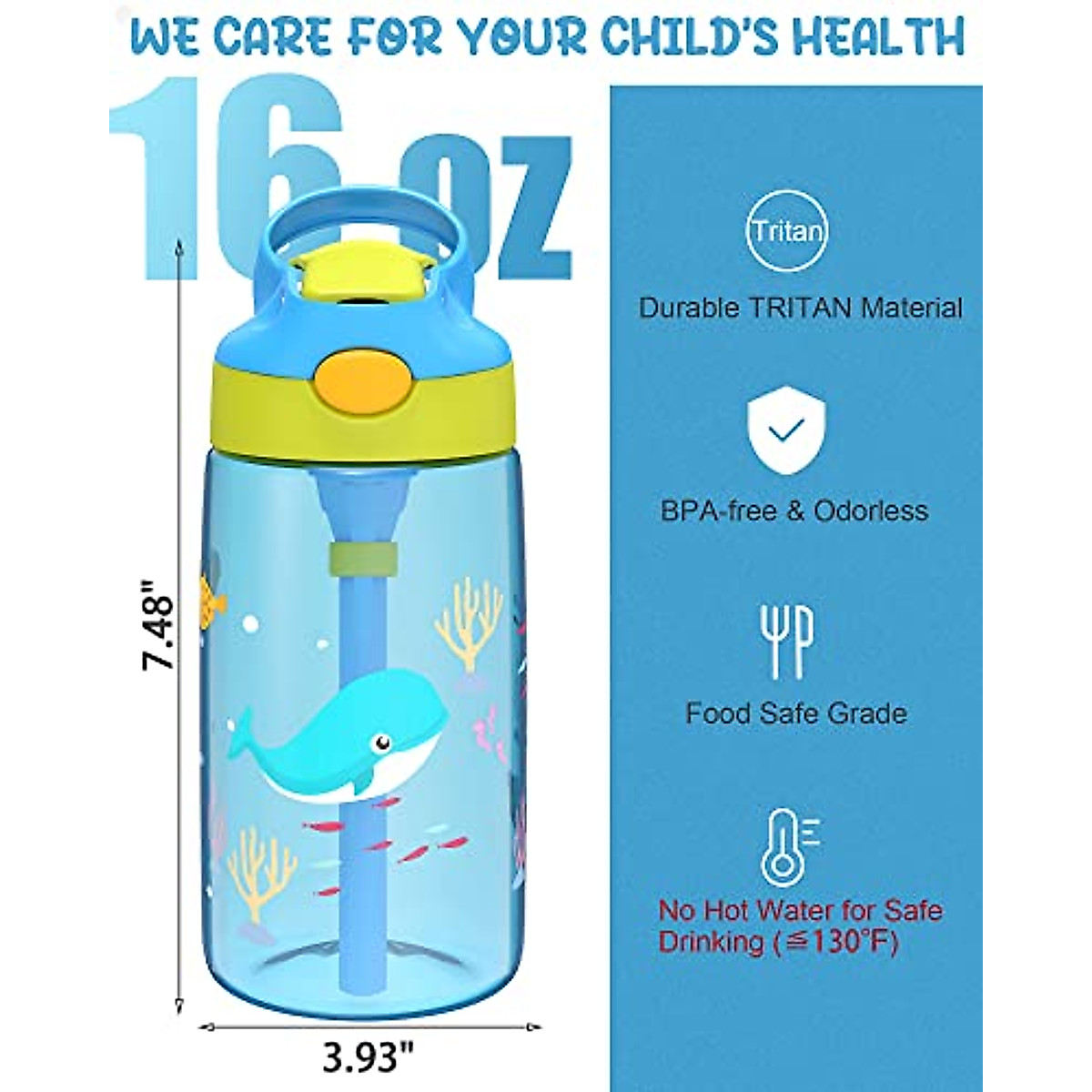 A+ Choice Kids Water Bottle with Straw & Handle - 16 oz BPA Free Kids Water Bottles, Spill Proof, Easy-Clean, Dishwasher Safe - Cute Whale Sky Blue