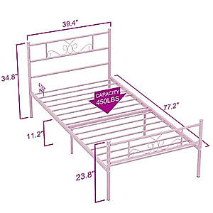 Weehom Platform Steel Bed Frame with 6 Legs Mattress Foundation Heavy Duty Bed Steel Slat Support Easy Assemble Kids Adults(Twin Size),Pink