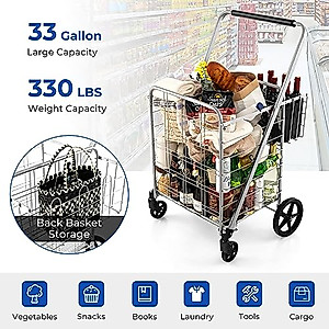 Goplus Shopping Cart for Groceries, Jumbo Upgraded Folding Grocery Cart with Waterproof Liner, 330 LBS Weight Capacity, 360° Rolling Swivel Wheels and Double Basket, Heavy Duty Foldable Utility Cart