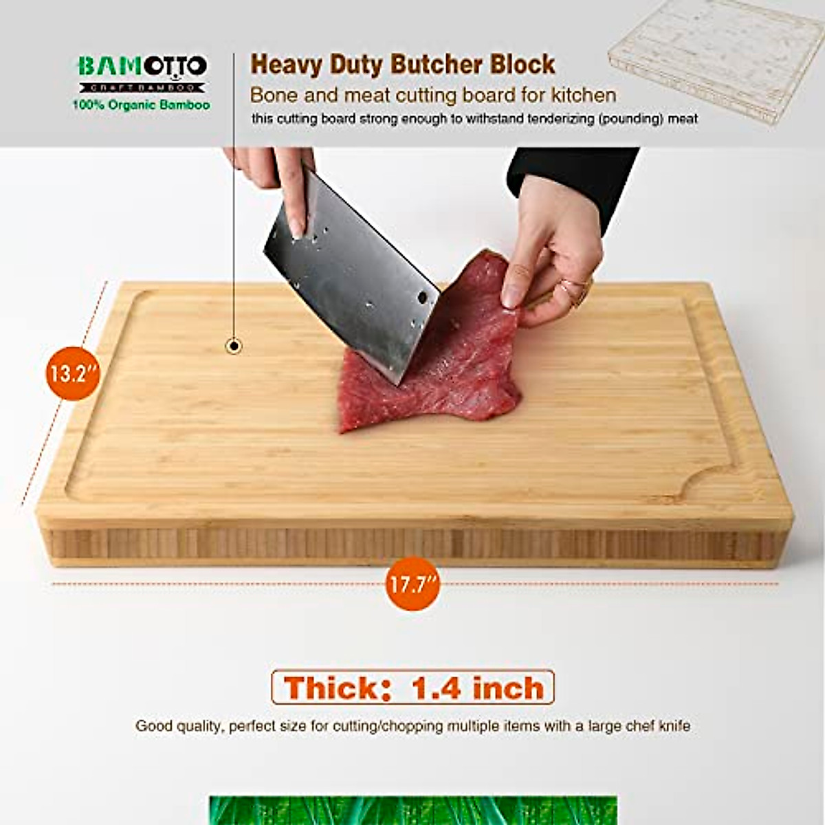 Thick Bamboo Cutting Board, Large Kitchen Chopping Board for Meat, 1.4" Thickened Heavy Duty Butcher Block Cutting Board with Juice Groove, for Cutting Meat, Bones and Vegetables, 100% Organic Bamboo