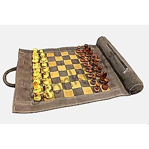 Stonkraft - 19" x 15" (Chess Board Size 12" x 12") Genuine Roll-Up Leather Chess Set - with Wooden Chess Pieces - Brown | with Innovative Carry Pouch