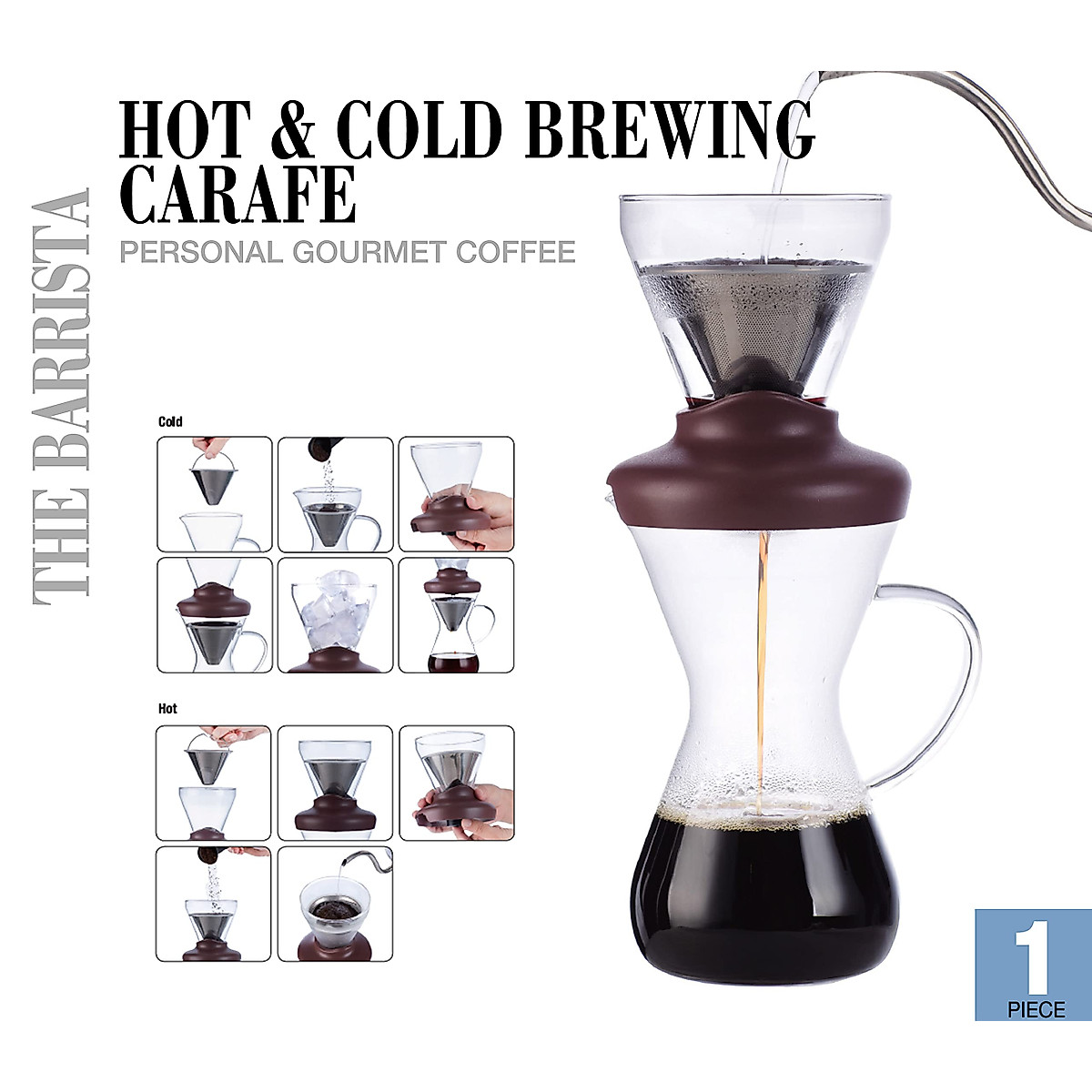 Mr Towels Deluxe Cold Brew Coffee Maker with Removable Stainless Steel Filter (Hot/Cold Coffee Brew 14oz)