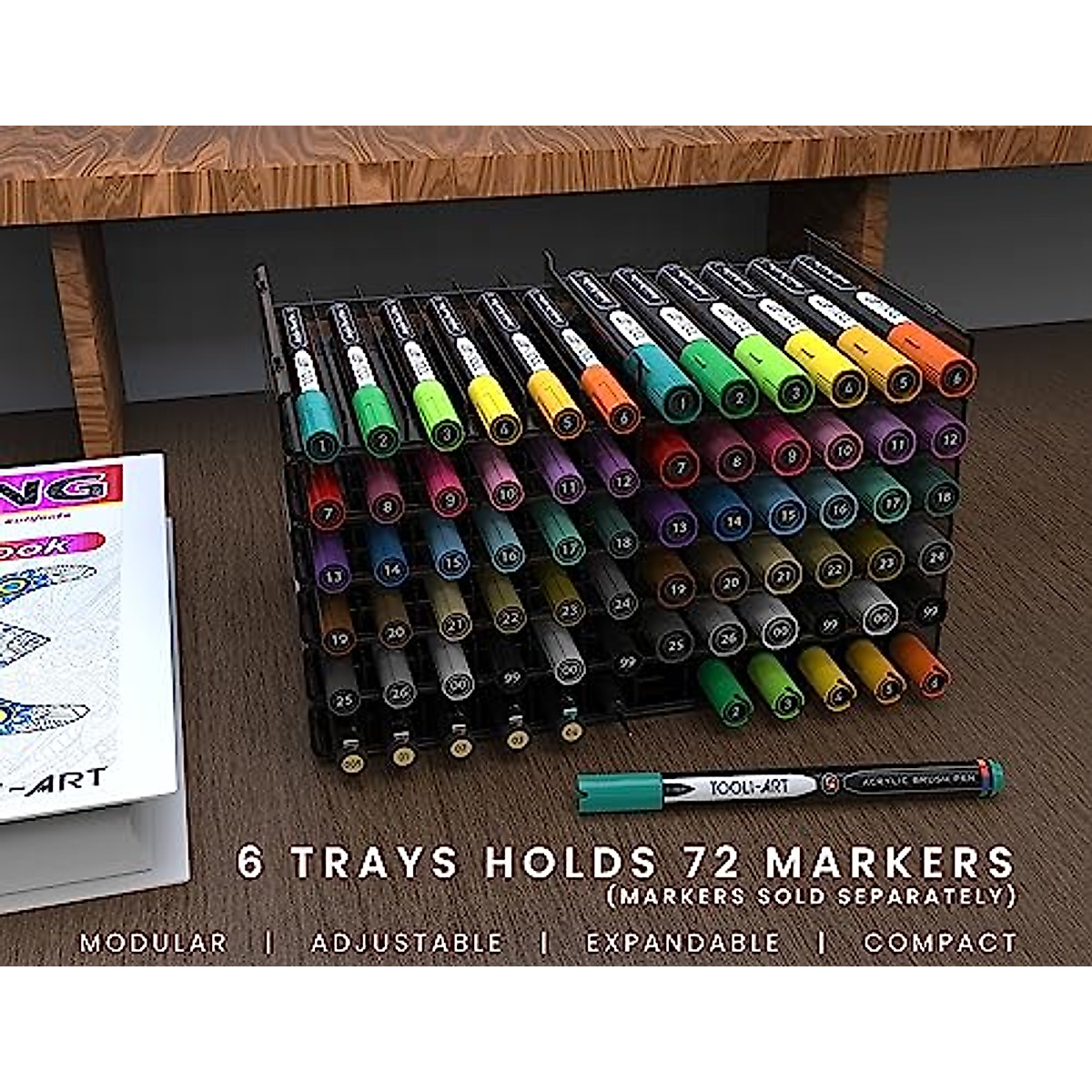 TOOLI-ART 72 Art Marker Storage Tray Desk Organizer Holder, Adjustable Dividers, Modular, Expandable, Stackable, Fit Most Pen, Pencil, Brushes. School, Home, Multi Purpose Tinted Plastic 6 Trays
