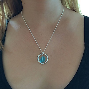 Ocean Waves Sea Glass Pendant Necklace, with sterling silver chain,Handmade Silver Plated Hoop with TumbledTurquoise Sea Glass