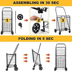 Realife Foldable Shopping Cart with Liner, Portable Utility Cart with Wheels for Grocery and Heavy Duty, 120lbs, Black