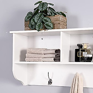 Mbolyeer Wall Mount Coat Rack with Shelf: Entryway Wood Storage Cubes with 4 Dual Hooks - 38.5 Inch Wooden Floating Shelves with Hanging - for Living Room Bathroom Kitchen (White)