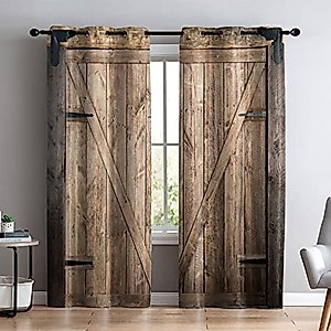 Renaiss Wooden Door Curtains Rustic Vintage Wooden Barn Door Print Farmhouse Style Window Treatment 84" H x 42" W Set of 2 Panels Grommet Bedroom Living Room Blackout Window Drapes