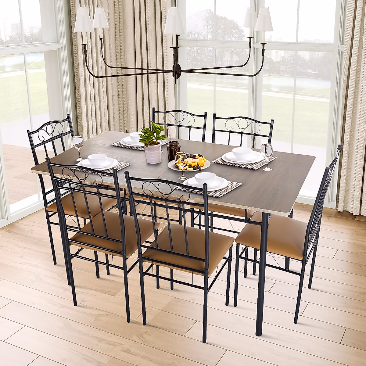 Dining Table Set for 6, Kitchen Table and Chairs for 4-6 People, 7 Piece Kitchen Table Sets, Rectangular Dining Room Table Set with 6 PU Leather Chairs, Beech/Brown