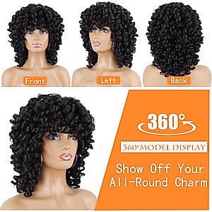 PHOENIXFLY Black Curly Wigs for Black Women Short Curly Wigs for Women Curly Synthetic Hair Heat Resistant Hair Replacement with Wig Caps (Black)