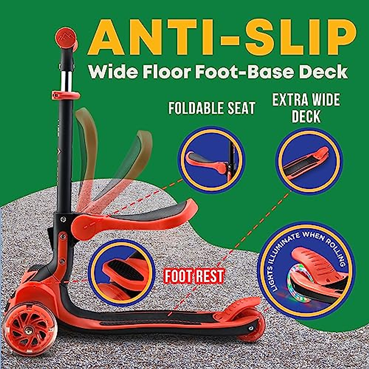 Kids Scooter – Foldable Seat – LED Wheel Lights Illuminate When Rolling – Children and Toddler 3 Wheel Kick Scooter – Adjustable Handlebar – Indoor and Outdoor- Red - by Lifemaster