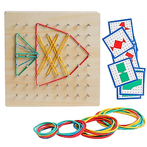 Kizh Wooden Geoboard Math Manipulative Material Graphical Geo Board Montessori Educational Toys Array Block Pattern Cards and Rubber Bands STEM Puzzle Matrix 8x8 Brain Teaser Toys
