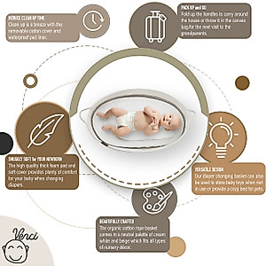 Baby Changing Basket for Dresser Top - 29.5 x 17 x 6 in, Organic Cotton Rope and Thick Removable Foam Pad, Portable Moses Basket Changing Basket for Babies, Waterproof Changing Pad