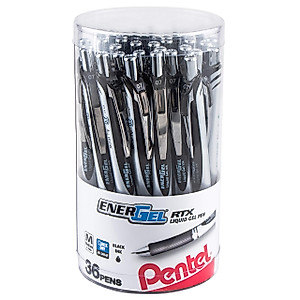 Pentel EnerGel RTX Retractable Liquid Gel Pen Canister, Black Ink, 36Pk (BL77PC36A)
