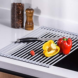 U-Taste Roll Up Dish Drying Rack 20.5 by 13 Inches, Over The Sink Foldable Multipurpose Silicone Dish Drainer Warm Gray, Large
