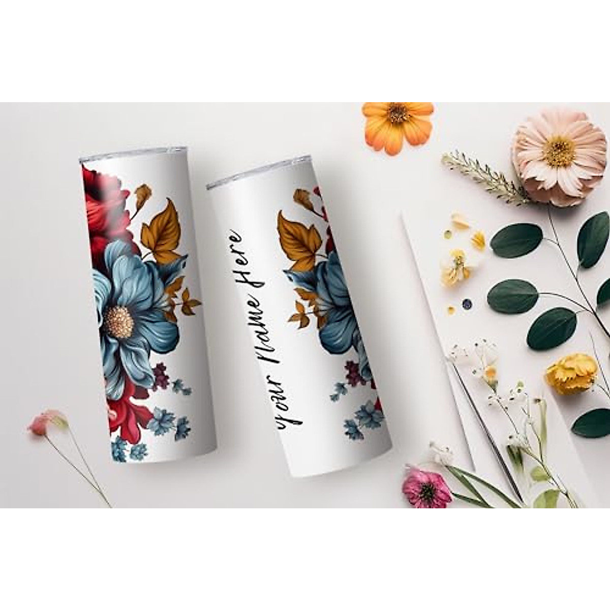 Personalized Flowered Skinny Tumbler 20Oz, Stainless Steel with lid, Straw, Brush and Non-Slip Base. Keep Drinks Hot or Cold. Use like Water Bottle, Coffee Mug, Travel Mug, Wine Cup. (Blue and Red)