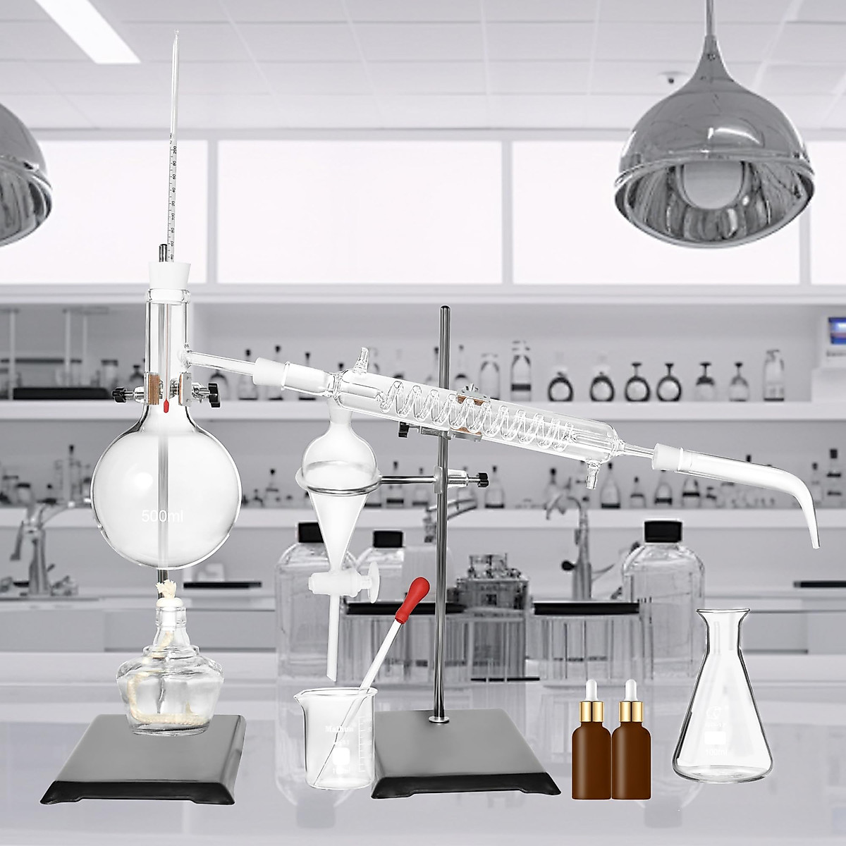 Home Distiller Distilling to Making Your Own Essential Oil, Moonshine, Alcohol Distiller Chemistry Lab Glassware Kit,Glass Distilling,Distillation Apparatus 22pcs Kit, 500 ML