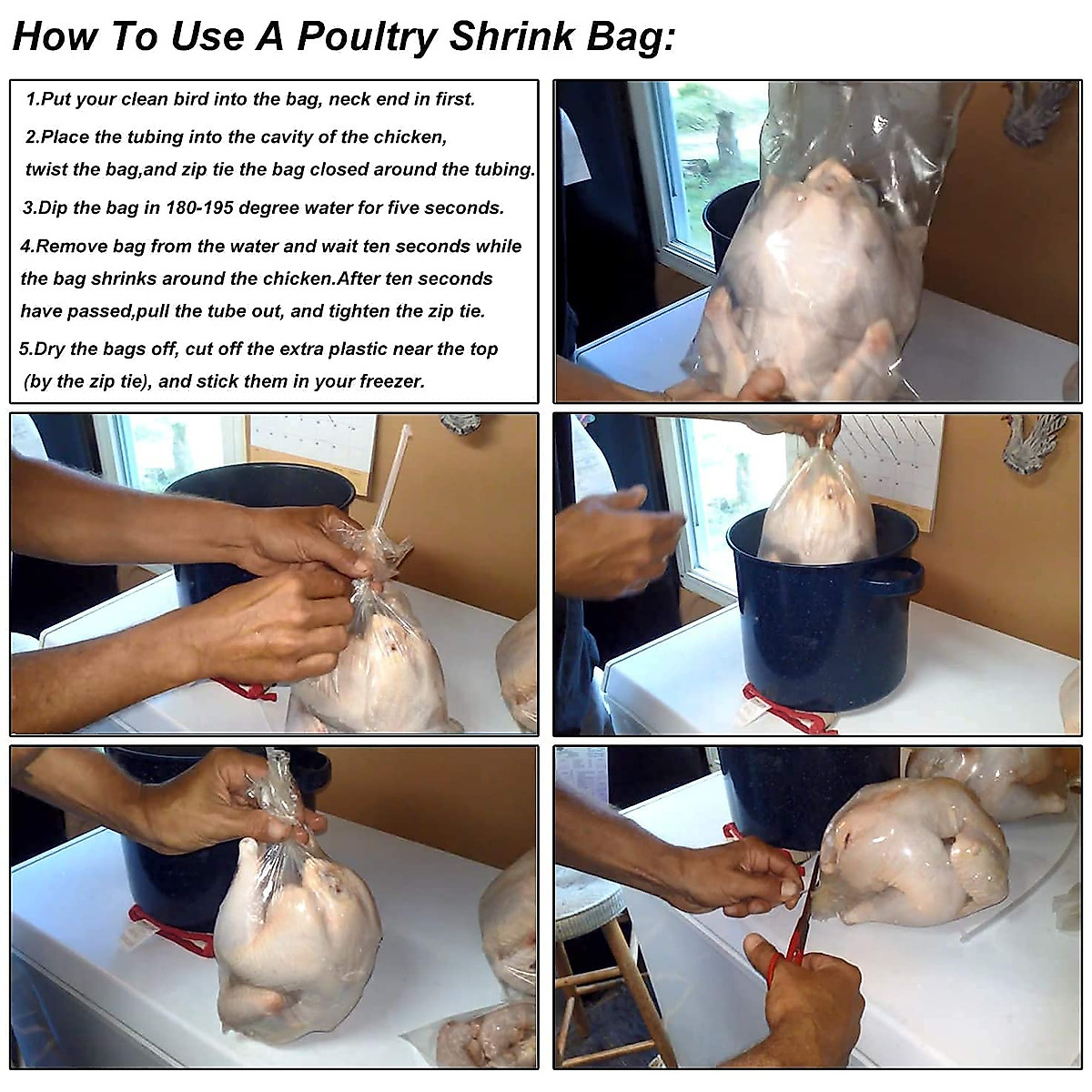 Poultry Shrink Bags 13"x18" 50Pack Clear Poultry Heat Shrink Wrap BPA Free Freezer with 50 Zip Ties,50PCS Freezer Labels and a Silicone Straw for Chickens,Rabbits