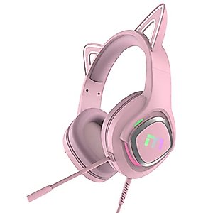 Cute Cat Ear Headset with Mic, Colorful Light, Adjustable Headband, 50mm Speaker, Girls Headphone, Compatible with PS, Xbox One, Nintendo Switch, PC, Laptop (Pink)