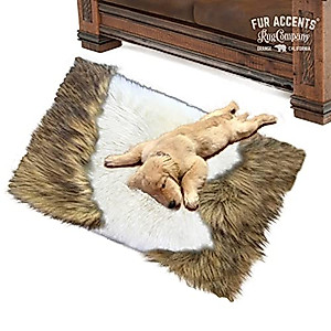 Fur Accents Shag Area Rug - Golden Brown Coyote, Wolf Edge, Dark Brown, White or Black Center - Luxury Soft Faux Fur Carpet - Sheepskin - Rectangle Accent Art Rug