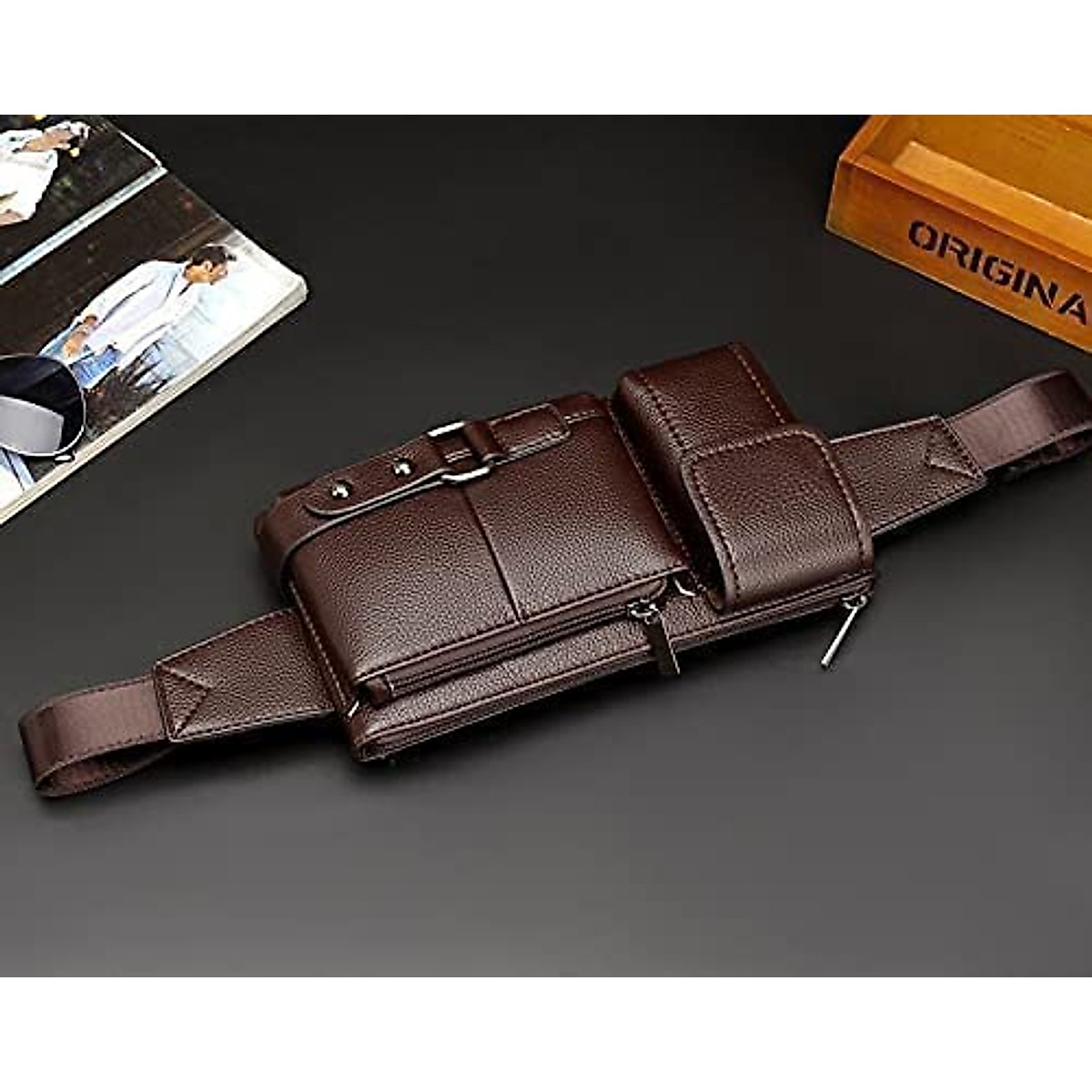 Bestsent Men's Leather Sling Bag,Chest Shoulder Backpack, Water waterproof Crossbody Bag (Brown, Medium)