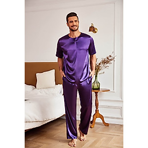 Ekouaer Men Satin Pajamas Set Round Neck Short Sleeve Night Shirt Long Pants with Elastic Waistband Silk Pj Set Purple Small