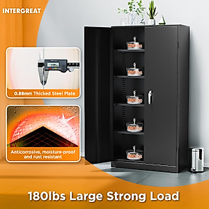 INTERGREAT Metal Garage Storage Cabinet with Locking Doors and Shelves,Black Lockable Steel Tool Cabinet,Tall File Cabinet Locker with Lock for Home Office, School, Gym, Basement, Large Capacity