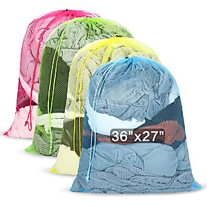 Locmeo 4 Pcs Mesh Laundry Bags Multicolor 27 x 36 Inches Washable Laundry Hamper Liner with Locking Drawstring Closure Sturdy Laundry Mesh Wash Bags for Travel, Storage, Sports, College, Dorms