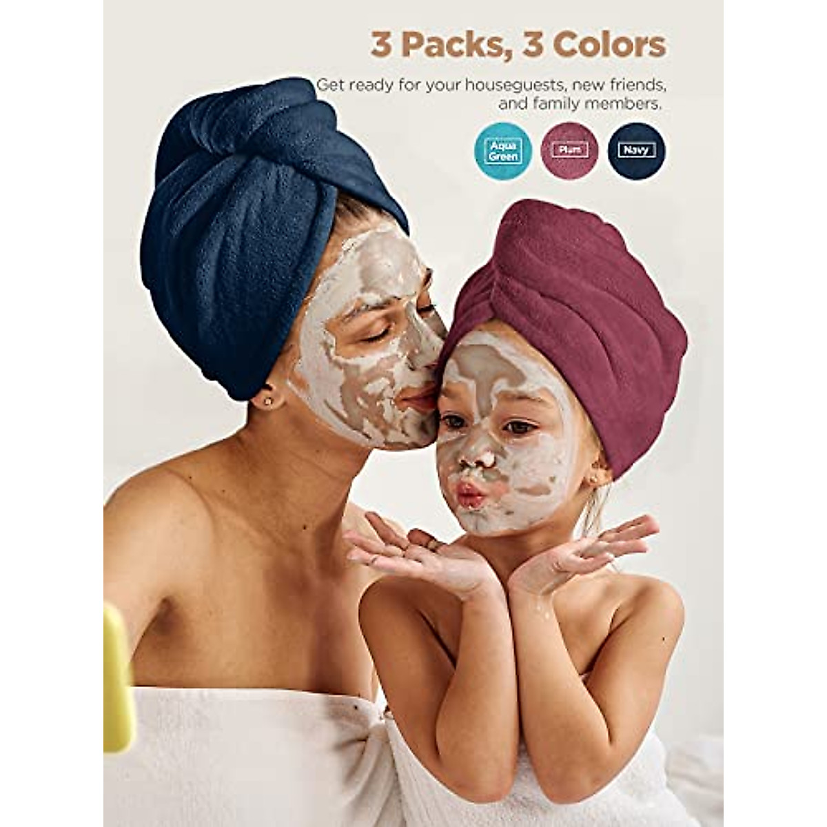 Hicober Microfiber Hair Towel, Hair Towel Wrap Turbans for Women,Hair Drying Towel Wrap Hair Accessories for Women Girls-Plum,Navy,Aqua Green,3Packs