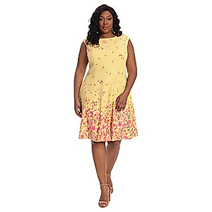London Times Women's Floral Border Cap Sleeve Fit & Flare Dress, Yellow/Spiced Coral, 4