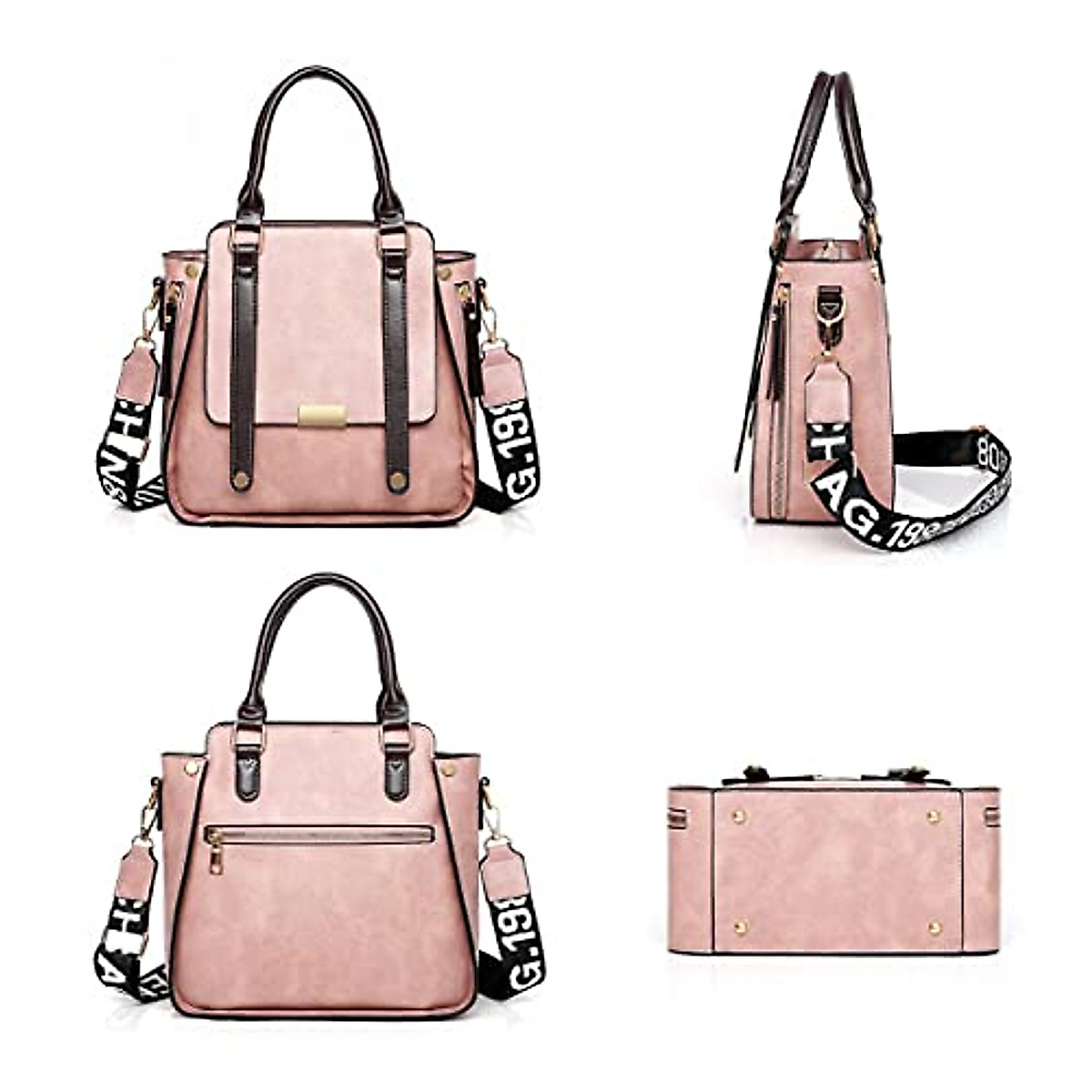 YAQUNICER Women Soft Synthetic PU Leather 4pcs Satchel Crossbody Large Capacity Top-Handle Handbags Shoulder Clutches Purse-Black