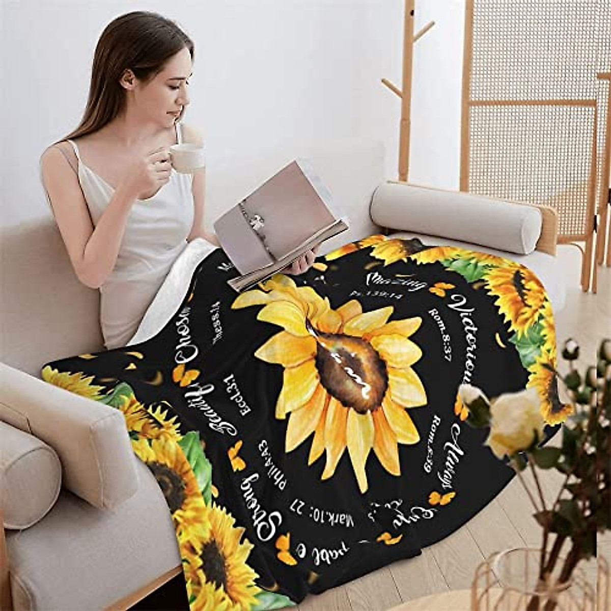 Healing Throw Blanket with Inspirational Thoughts, Sunflower Blanket for Women, Cozy Soft Inspirational Throw Blanket, Warm Fleece Blanket Gifts for Birthday Christmas Thanksgiving 50x60 Inches
