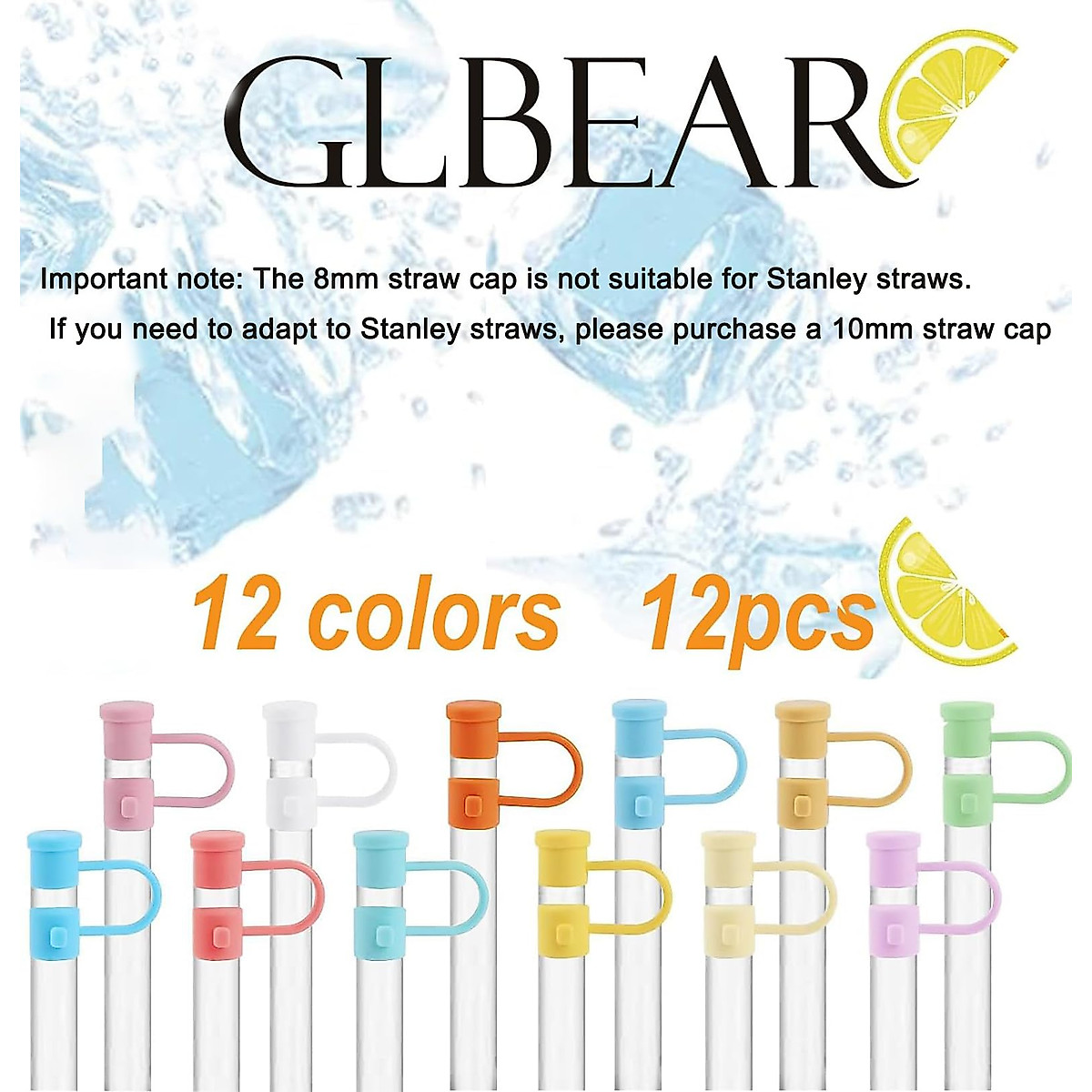 GLBEAR 12Pcs Silicone Straw Tips Cover, 8mm Reusable Straw Covers, Dust-Proof Straw Toppers,Straw Covers Cap Accessory,Straw Covers Cap,12 Colors (8mm)