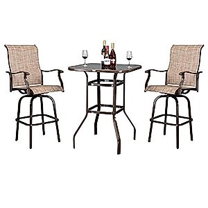 VINGLI Upgraded 3PCS Swivel Outdoor Bar Set Patio Bar Set Outdoor Bistro Set, 2 Swivel Bar Stools and Bar Table for Yard,Garden High Top Outdoor Table and Chairs (Brown)