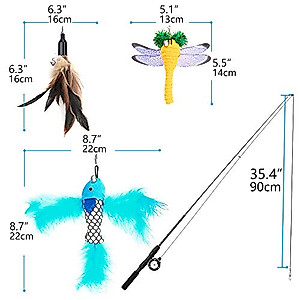 Pawaboo Cat Feather Toys, 4 Pack Interactive Cat feather Teaser Wand Toys, Retractable Fishing Pole Wand Catcher Exerciser with Refill Fish, Dragonfly Worm with Bells, Fun Cat Kitten Kitty Playing Toy