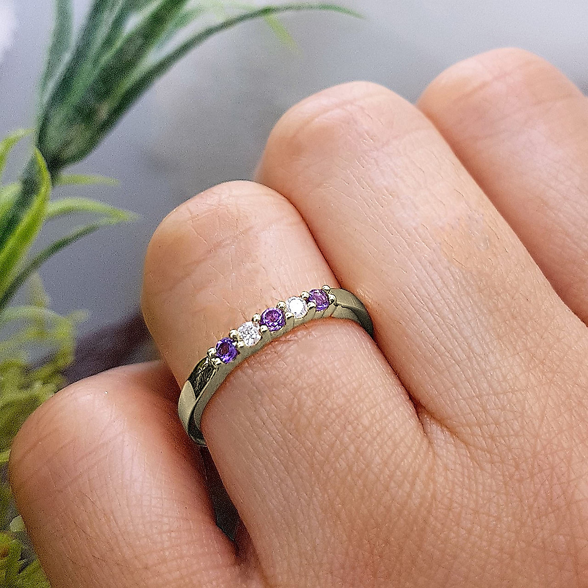 Dazzlingrock Collection Alternate Round Amethyst with White Diamond 5 Stone Wedding Band for Women in 14K Yellow Gold, Size 8
