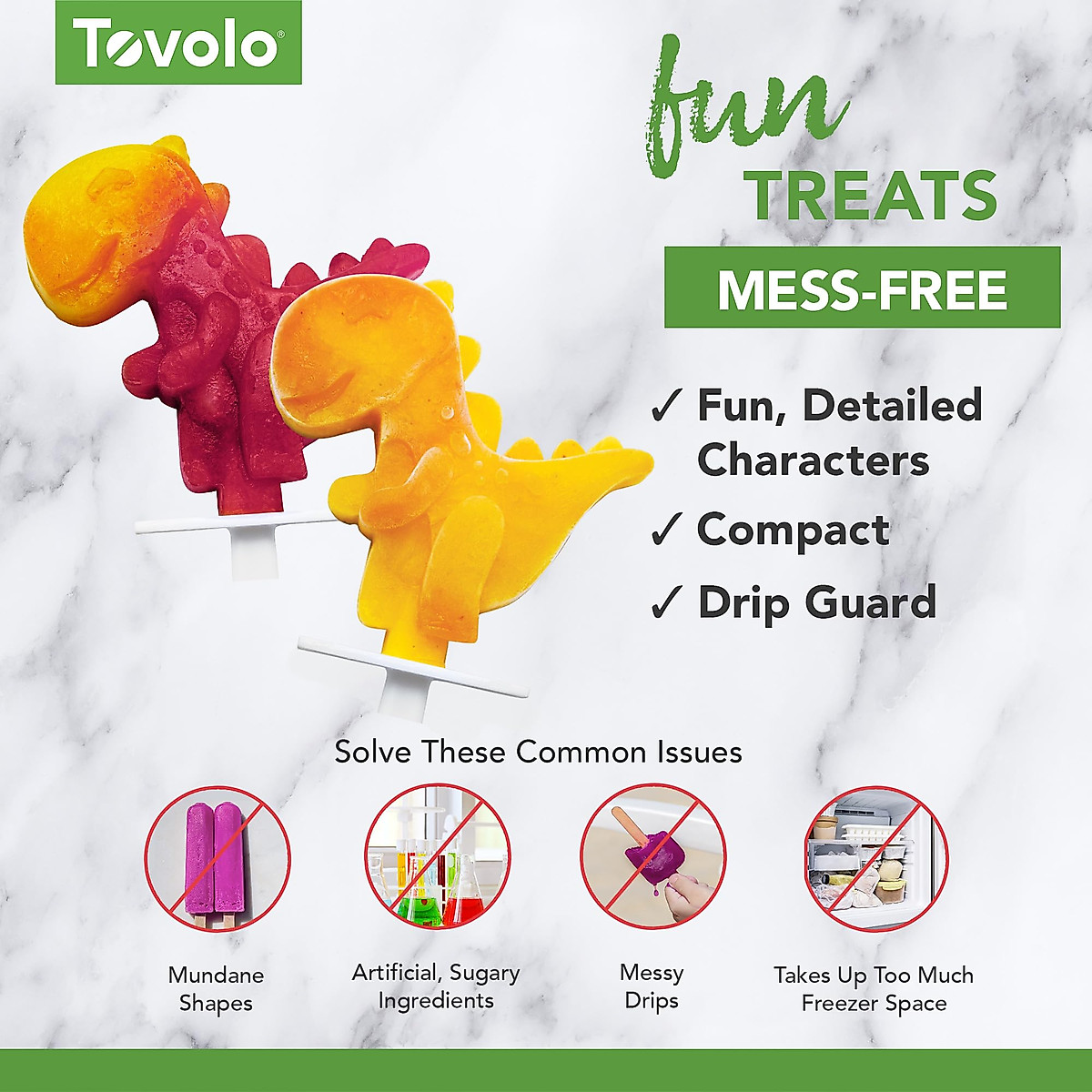Tovolo Silicone Popsicle Molds with Sticks (4-Pack, Dino) - Reusable Ice Pop Molds for Homemade Flavored Ice Pops & Frozen Snacks - Stackable Popsicle Maker with Lid, Dishwasher Safe & BPA-Free