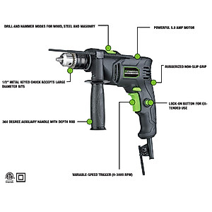 Genesis 1/2 5.0A Variable Speed Reversible Hammer Drill with Auxiliary Handle, Chuck Key and Key Holder and 5ft Power Cord (GHD1250SE)