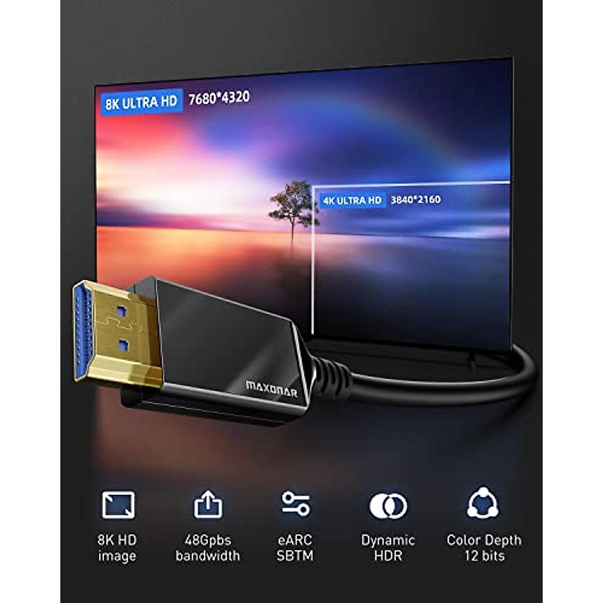 Maxonar 8K Fiber Optic HDMI Cable 50FT [Certified] Ultra HD High Speed HDMI 2.1 Cable, 8K60 4K120 144Hz, 48Gbps CL3 HDCP 2.2&2.3 eARC HDR Dolby for PS5/Xbox Series X/Apple TV 4K, Roku/Samsung/Sony TV